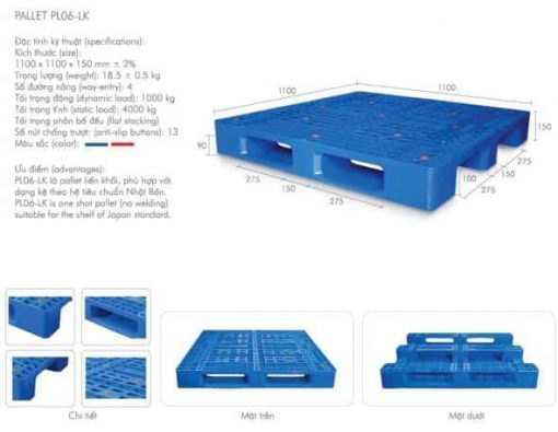 Pallet nhựa mới PL06-LK 1100x1100x150mm có 3 thanh ngang